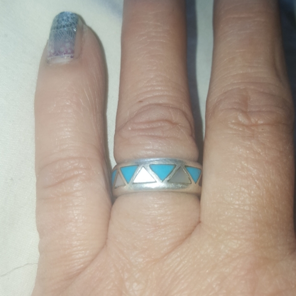 Jewelry | Silver Turquise And Mother Of Pearl Triangles Ring | Poshmark